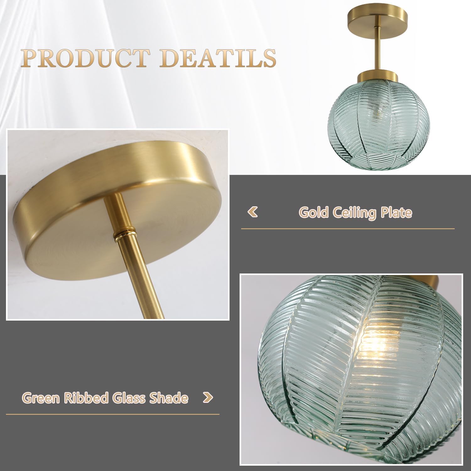 Coastal Globe Ribbed Semi Flush Mount Lighting Vein Texture Glass Ceiling Light Ping Lighting